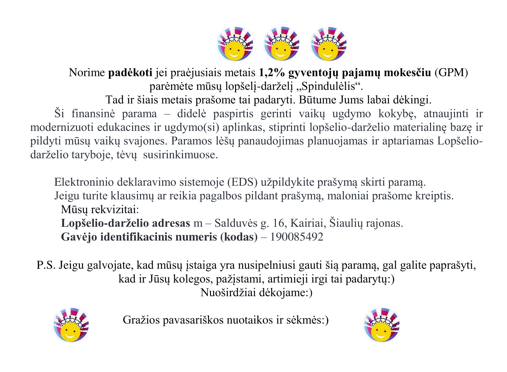 Prašome skirti 1,2 proc. paramą! – „Spindulėlis“